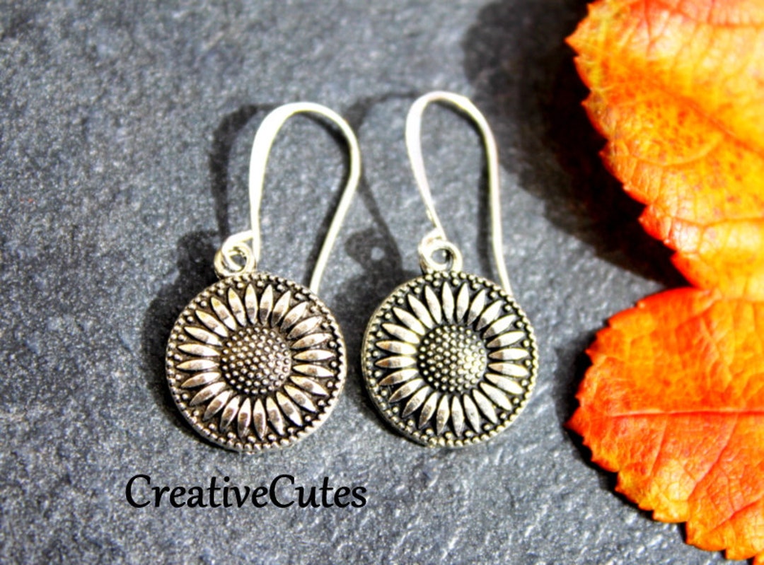 Simple Silver Sunflower Earrings, Sunflower Dangles, Cute Boho Sun ...