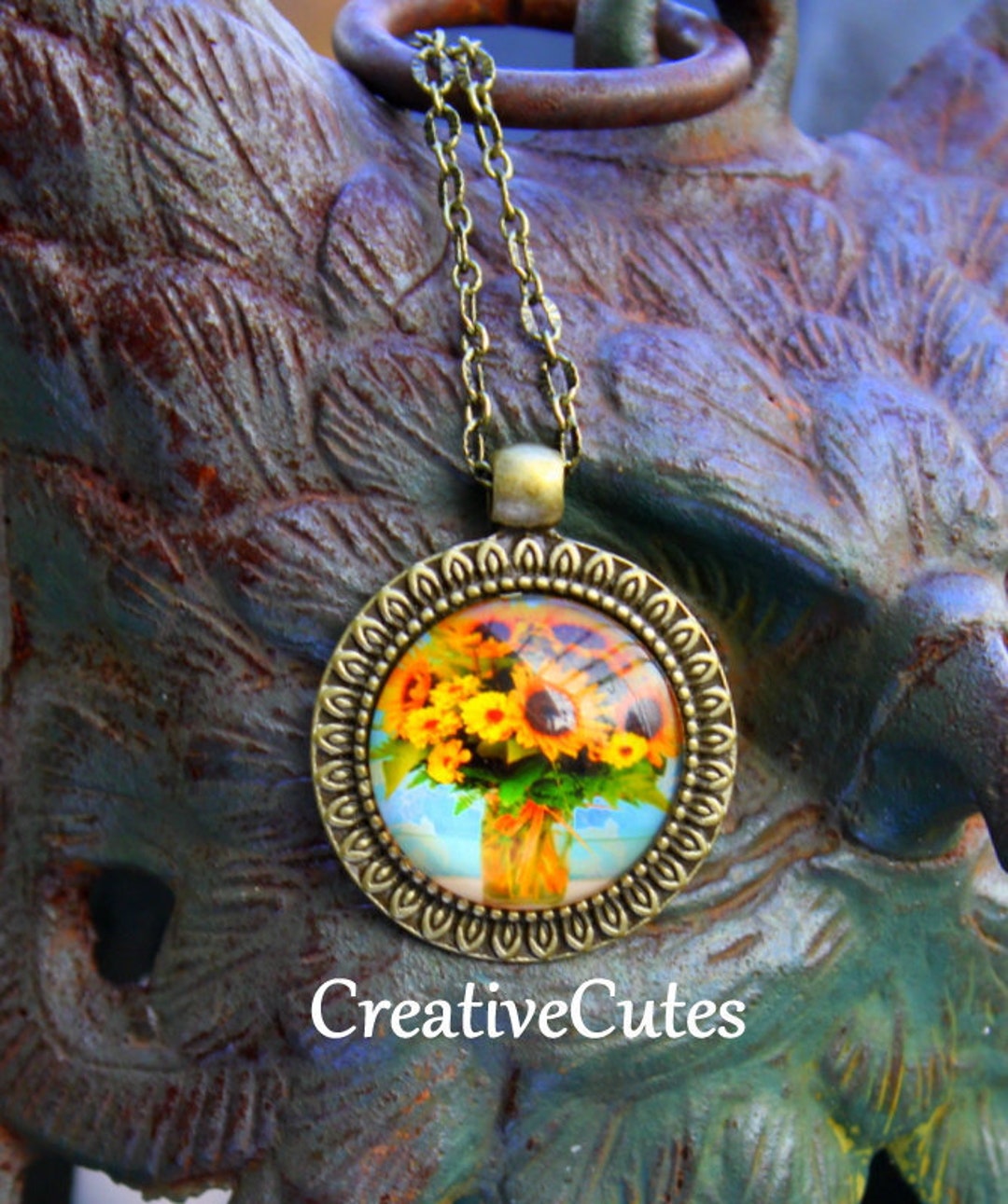 Rustic Boho Sunflower Necklace, Bronze Sunflower Pendant, Vintage ...