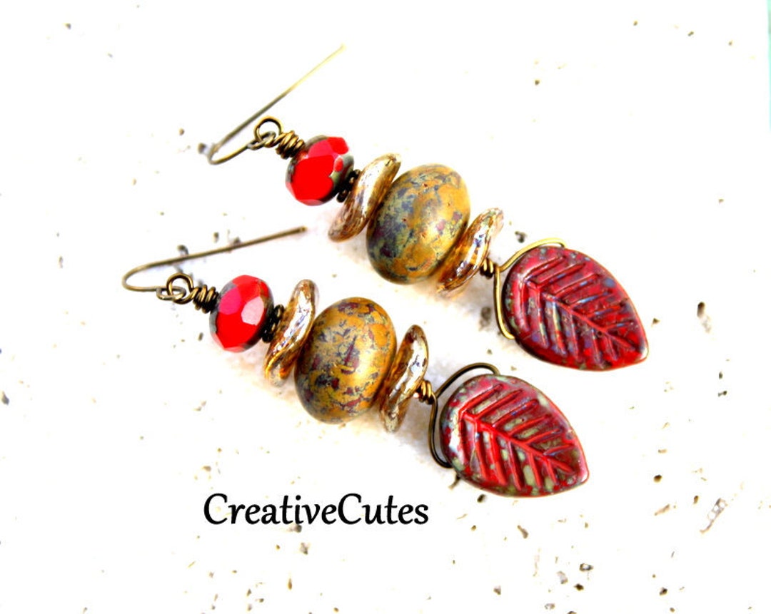 Rustic Boho Red Leaf Earrings, Red & Brown Czech Beads, Autumn Earring ...