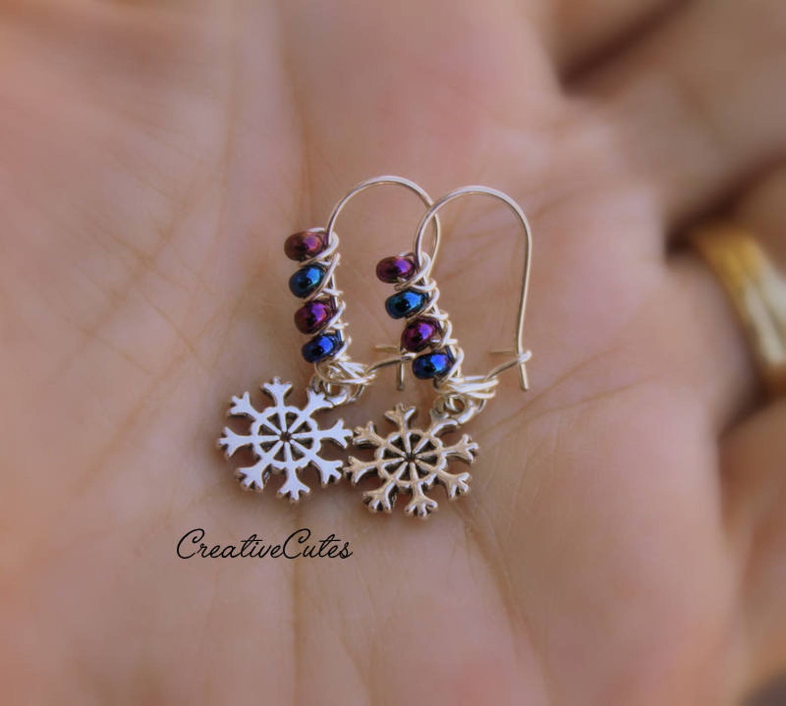 Dainty Silver Snowflake Earrings Wire Wrapped Tiny Blue & - Etsy