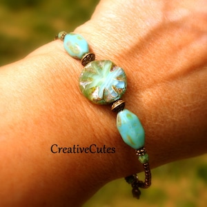 Rustic Boho Teal Green Stretch Bracelet, Earthy Unique Czech Bead Wrist ...