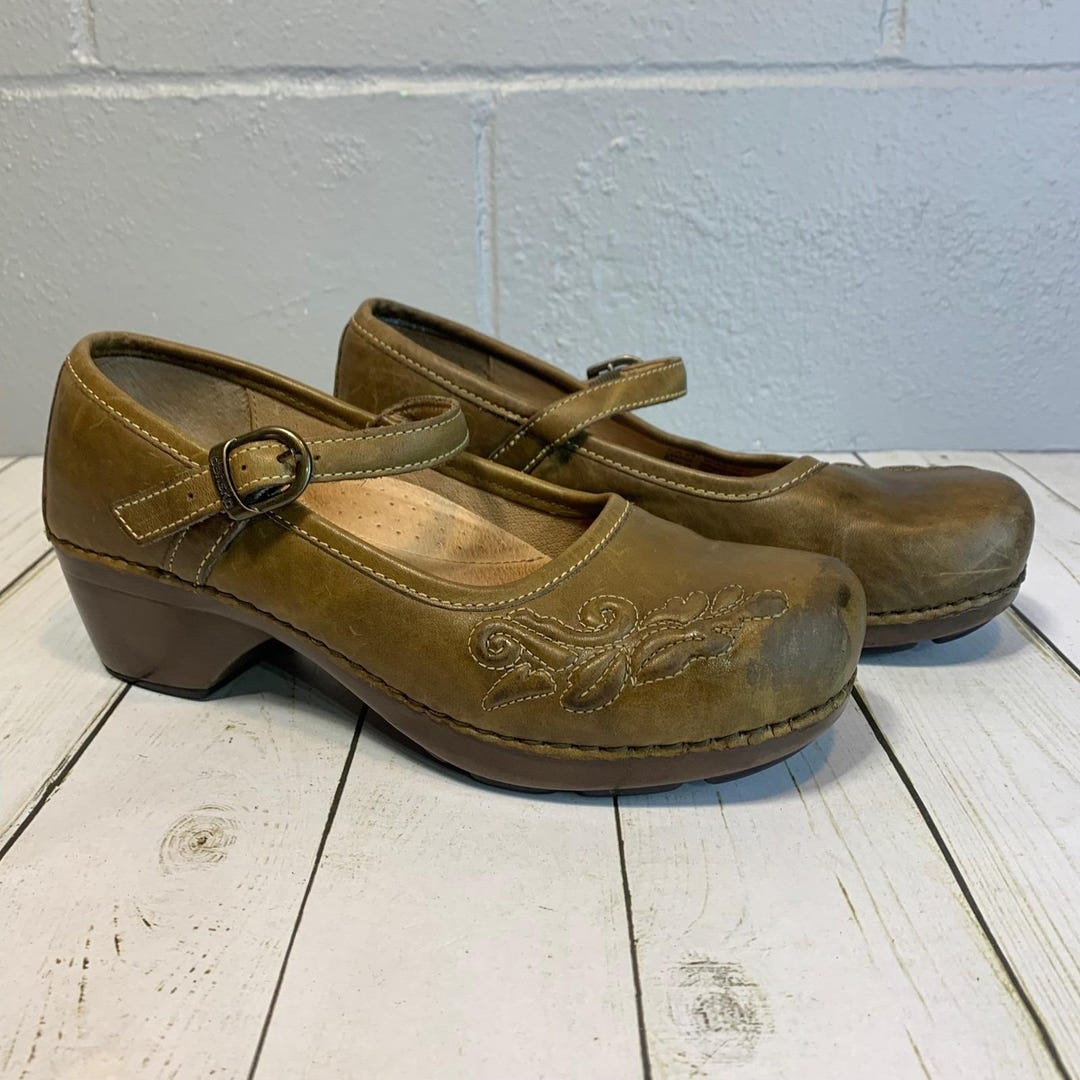 Dansko Savanna Mary Jane Clogs Brown Leather Embossed Floral Pattern ...