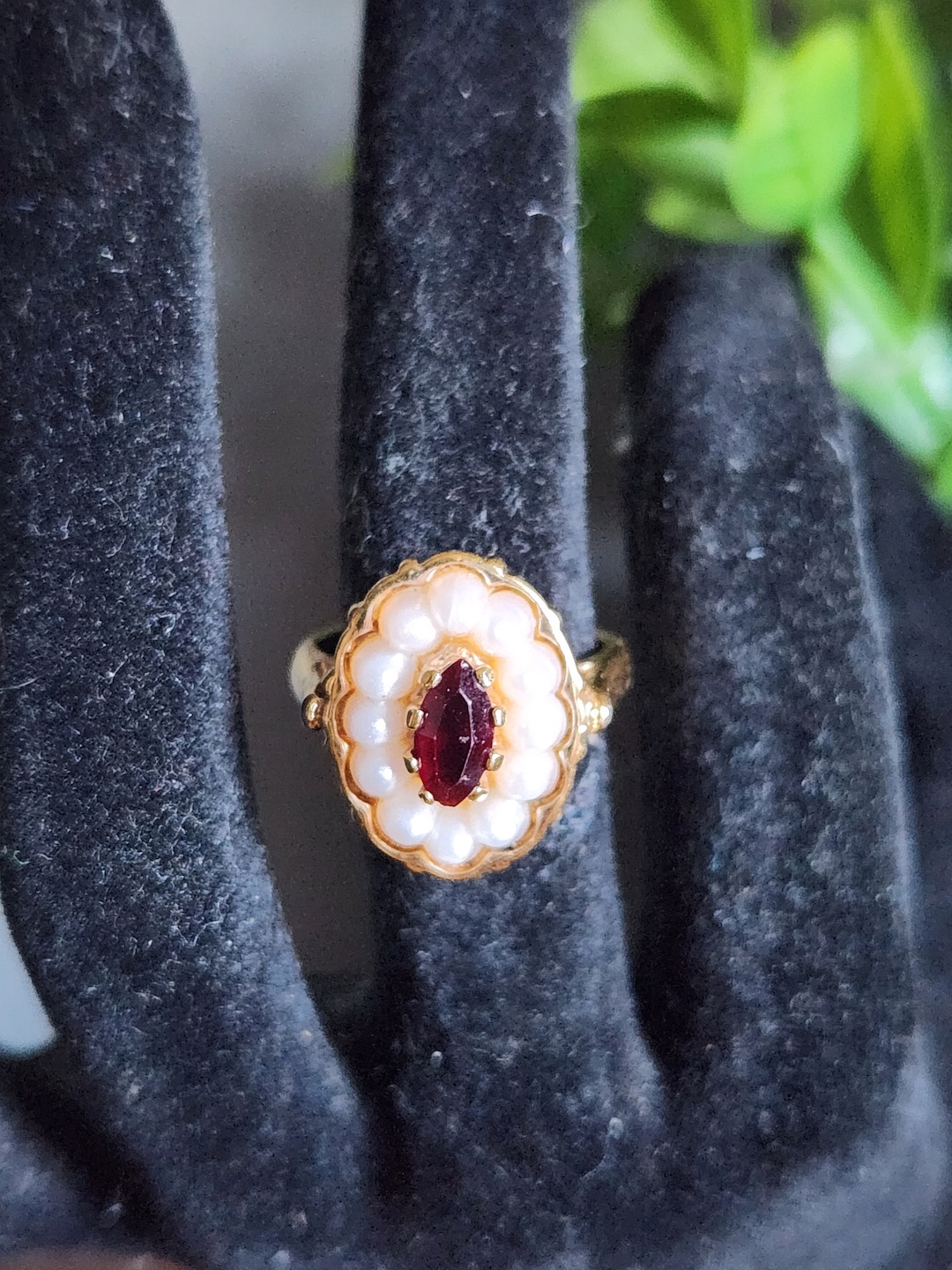 Vintage AVON Ring With White Faux Pearls and a Ruby Red Navette Crystal ...