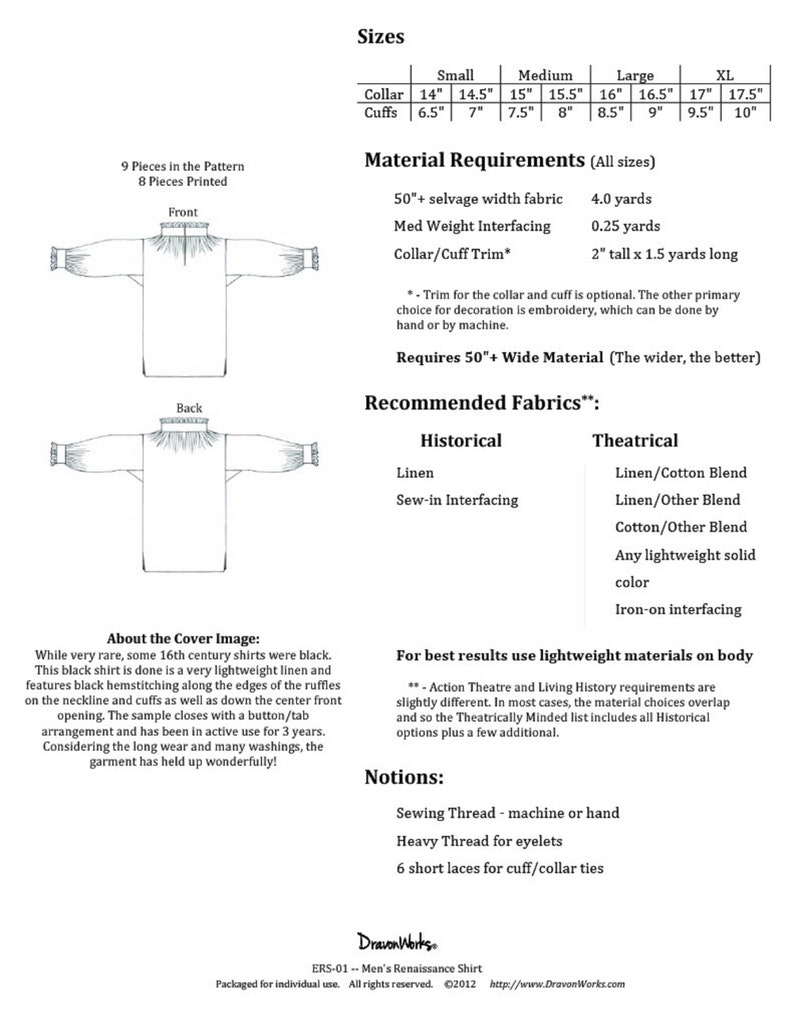 Printable Pattern for 16th Century Men's Renaissance Shirt or Hemd - Etsy