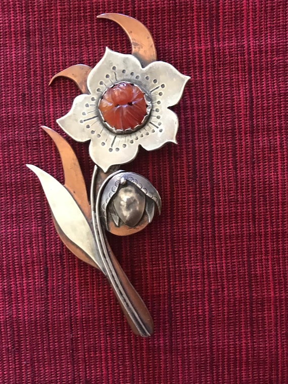 Fantastic Handwrought Mixed Metal Brooch - Gem