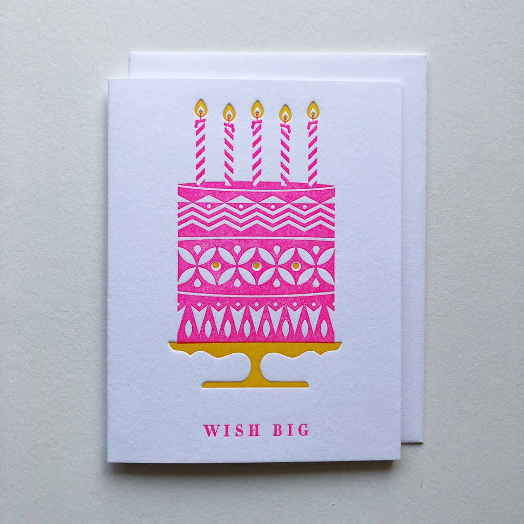 Letterpress Birthday Card : Pink Wish Big Single Card - Etsy