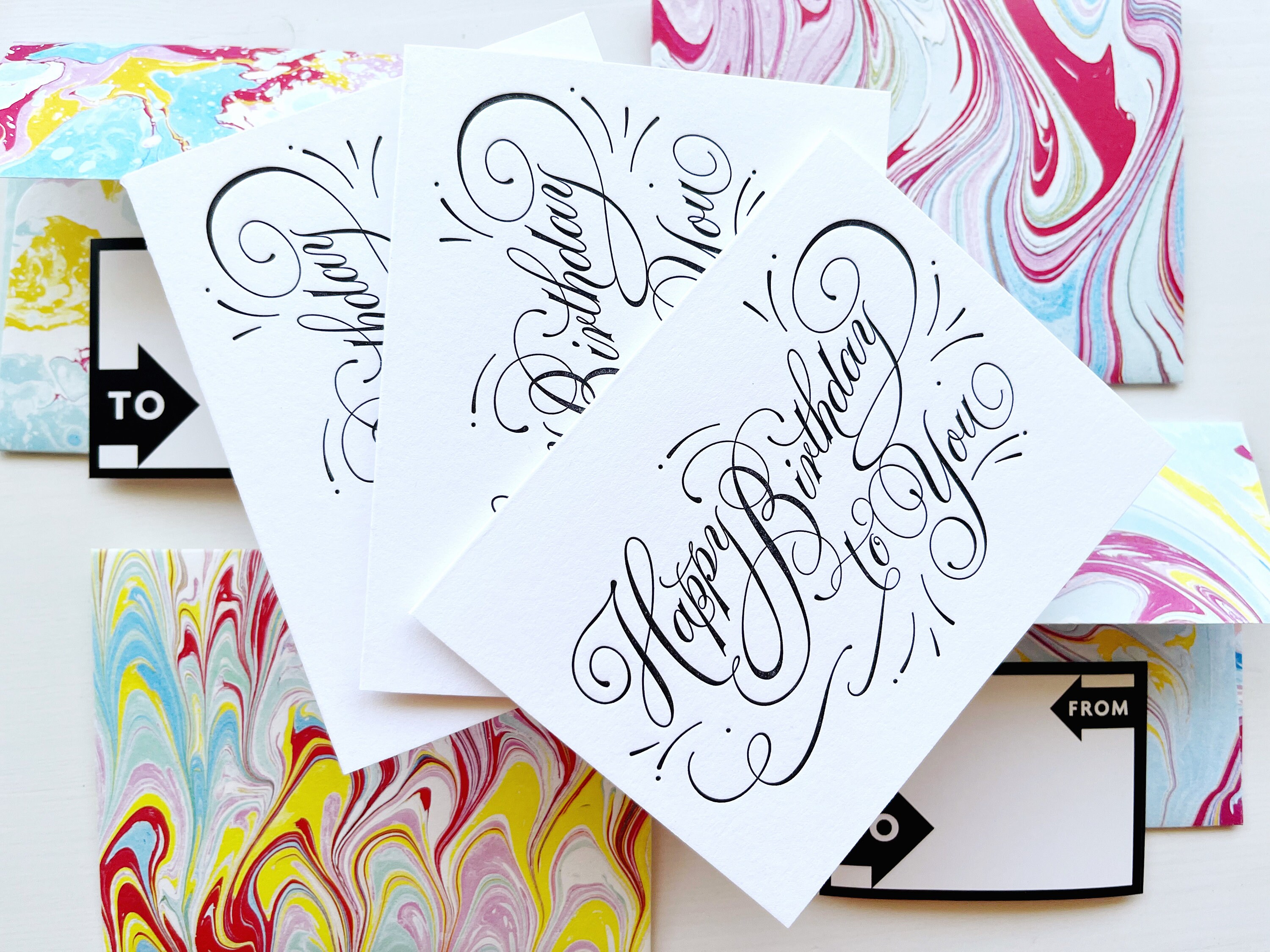Happy Birthday Script and Handmade Marbleized Envelopes // Letterpress ...