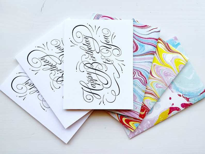 Happy Birthday Script and Handmade Marbleized Envelopes // Letterpress ...