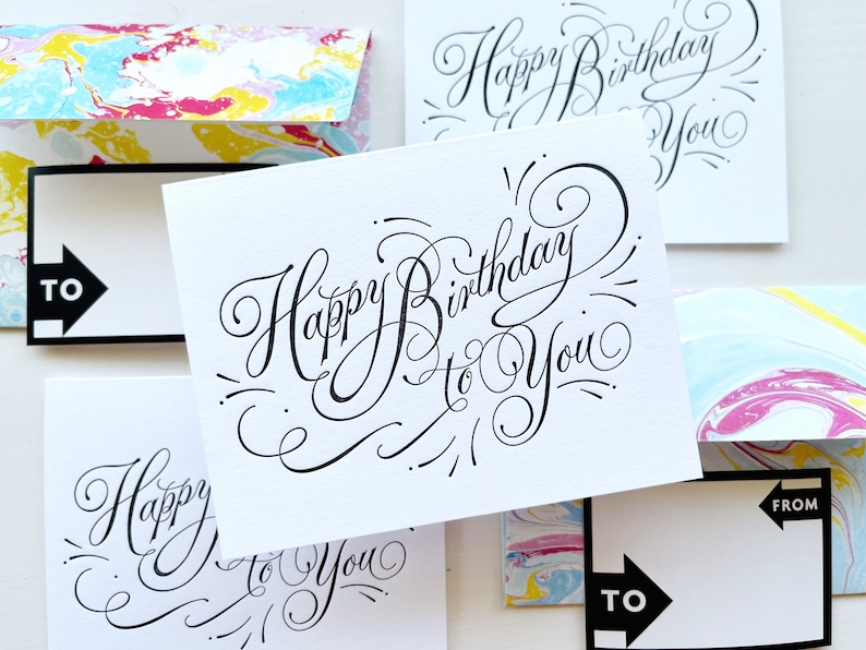 Happy Birthday Script and Handmade Marbleized Envelopes // - Etsy