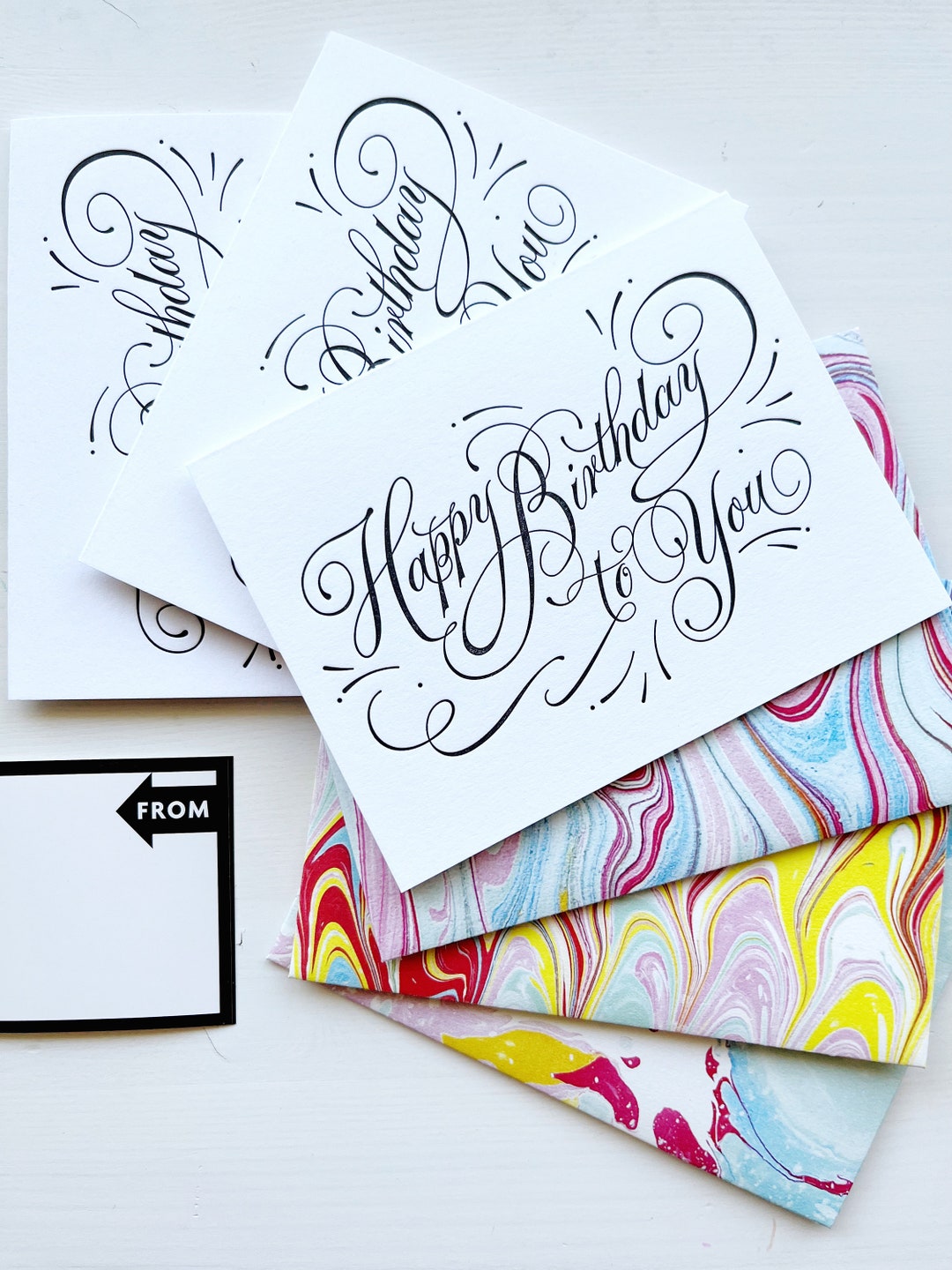 Happy Birthday Script and Handmade Marbleized Envelopes // Letterpress ...