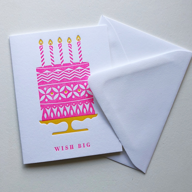 Letterpress Birthday Card : Pink Wish Big Single Card - Etsy
