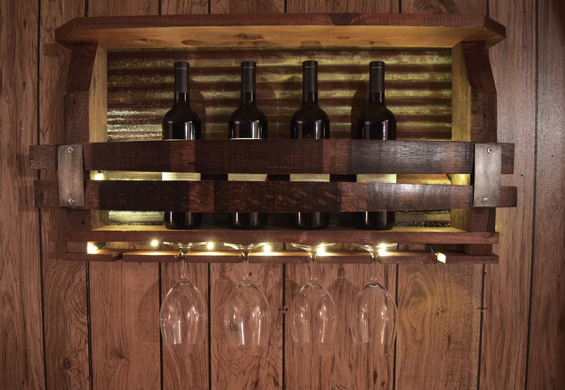 Wine Rack Lighted Reclaimed Barnwood & Wine Staves Grill | Etsy