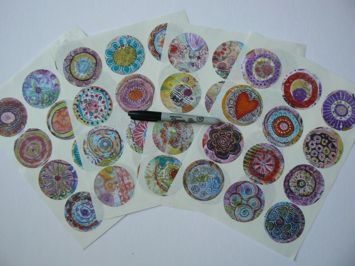 48 Circle Stickers Mixed Media Art Tags Collage Art Journal | Etsy
