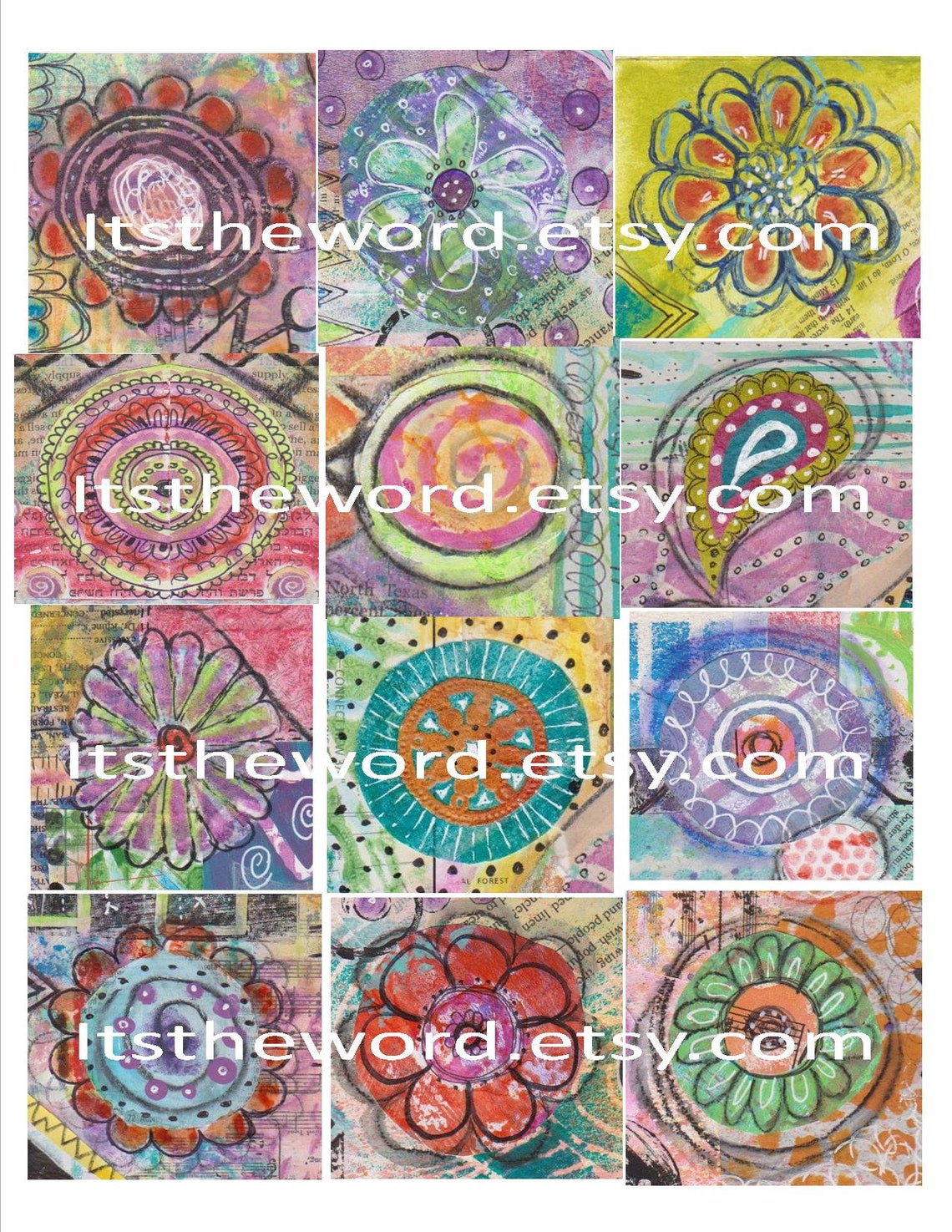 48 Circle Stickers Mixed Media Art Tags Collage Art Journal 2.5" X 2.5 ...