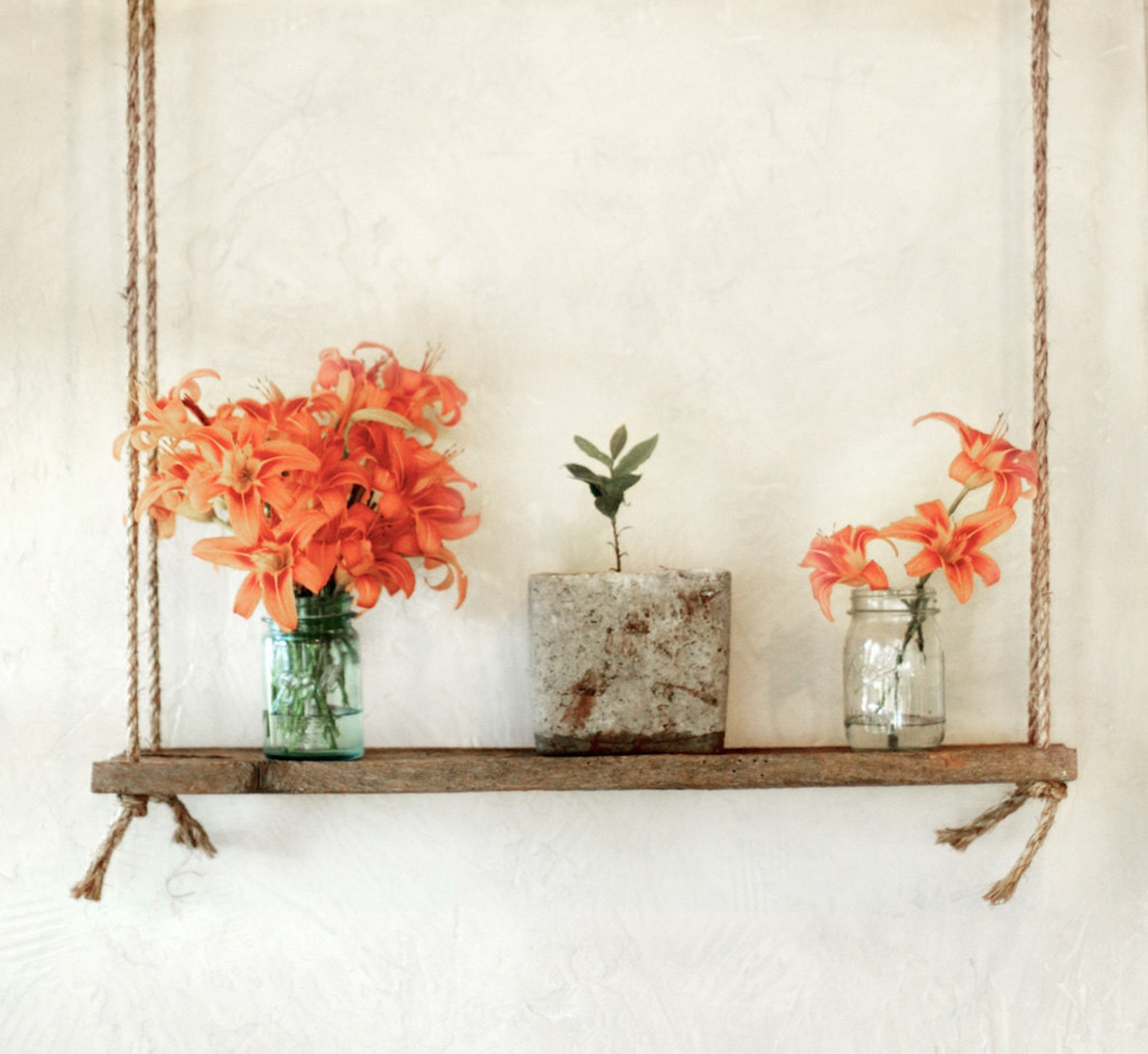 Reclaimed Wood Hanging Shelf Suspended Rope Shelf Barn Wood Shelving ...