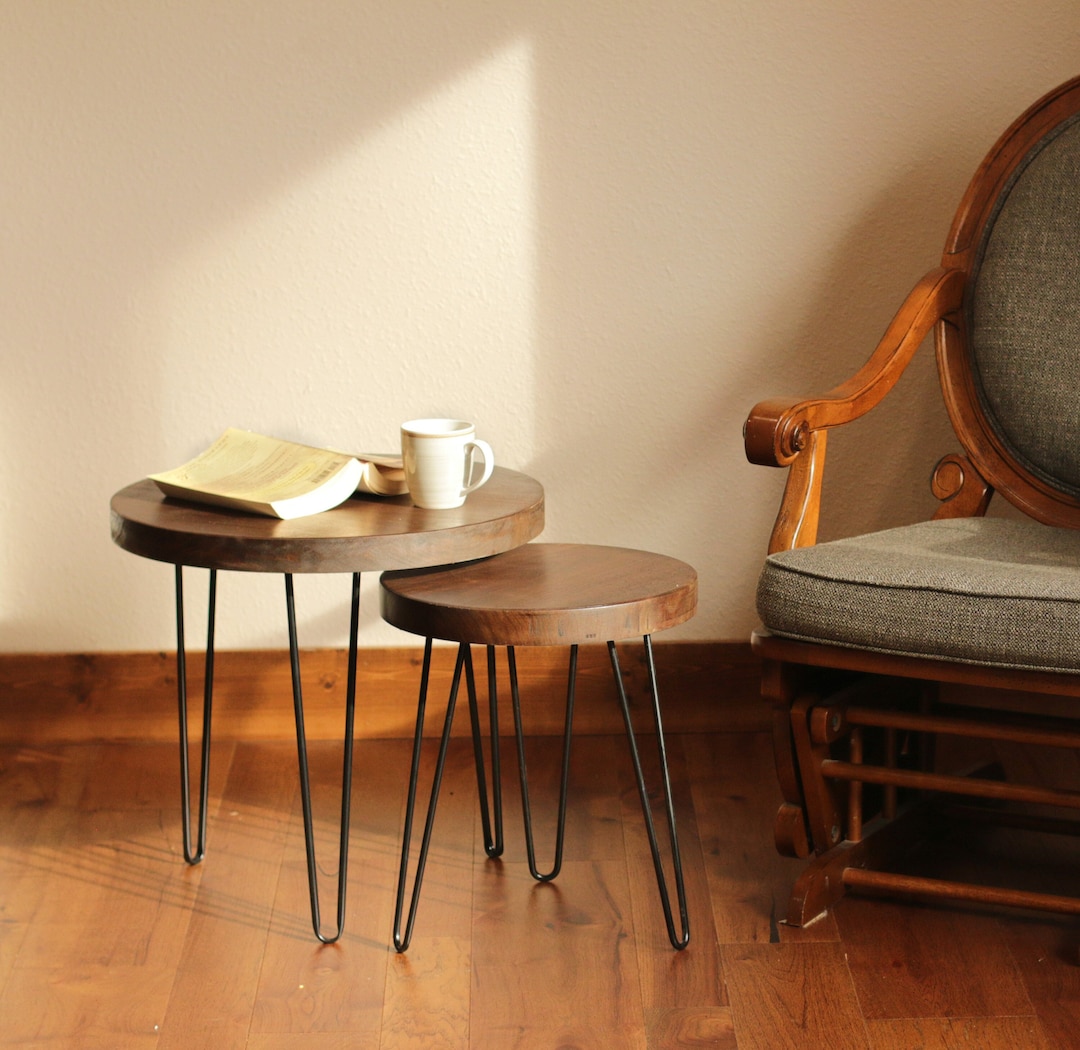 Round Stackable Walnut Accent Table With Hairpin Legs - Etsy