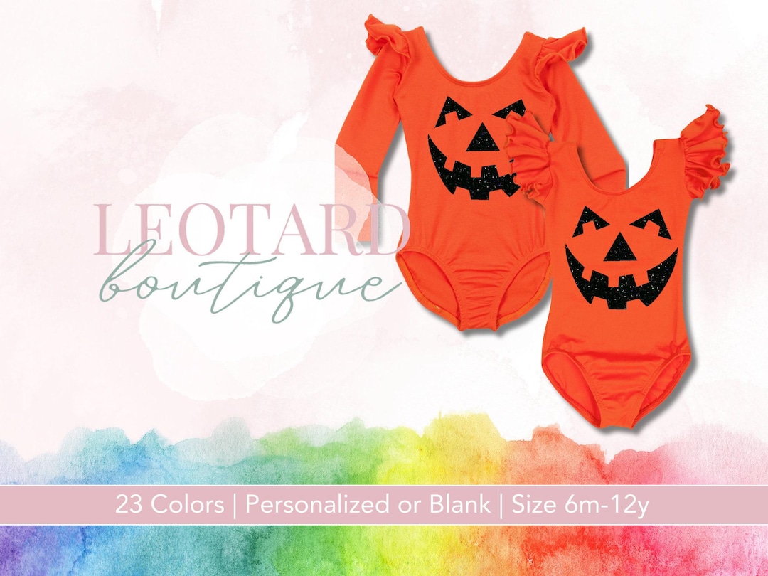 Girls Halloween Leotard Costume: Orange Jack O' Lantern, Glitter Face ...