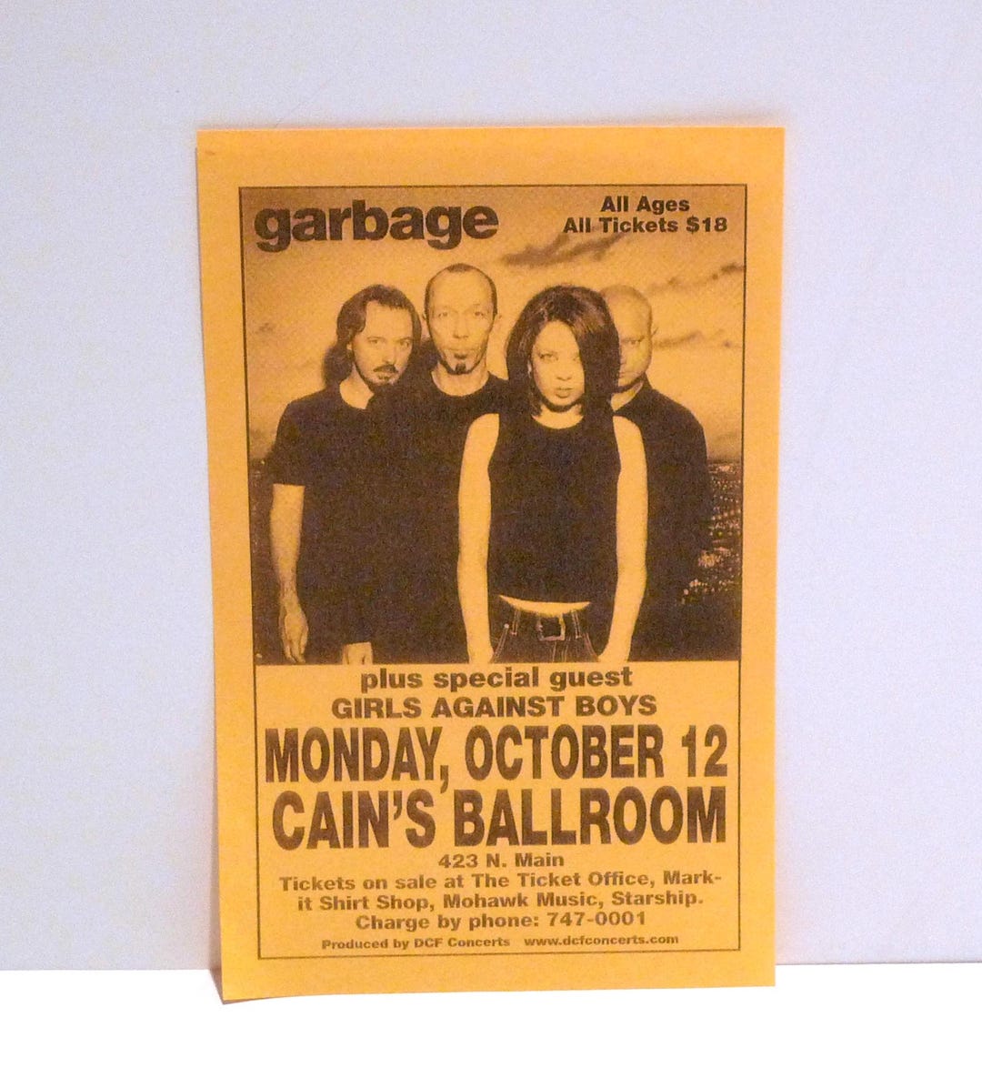 Garbage Tour Flyer / Mini Poster - October 12 1998 Concert Cains ...