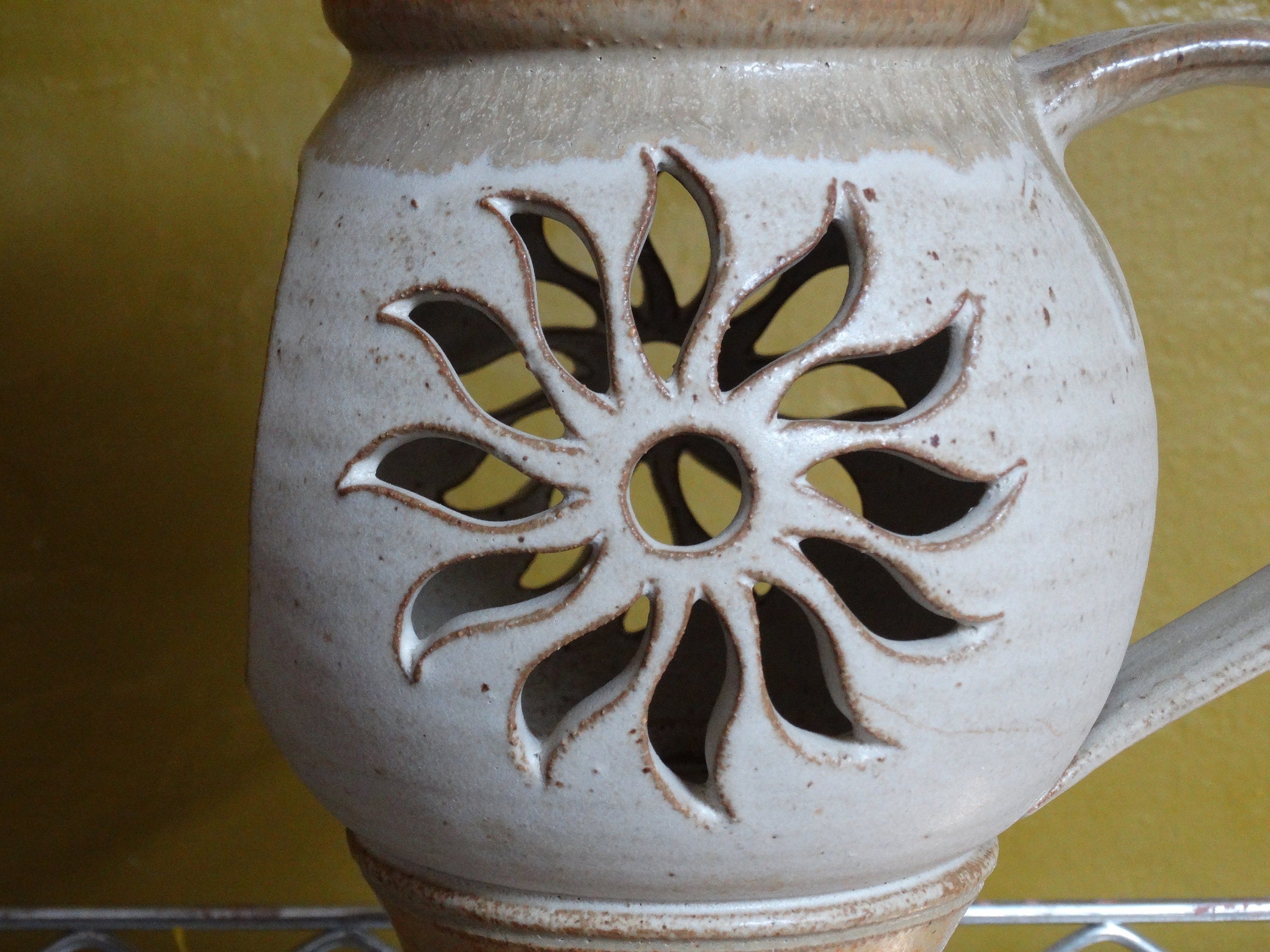 Vintage Kathy Veverka Ceramic Pottery Candle Lantern Pitcher Brown Cut ...