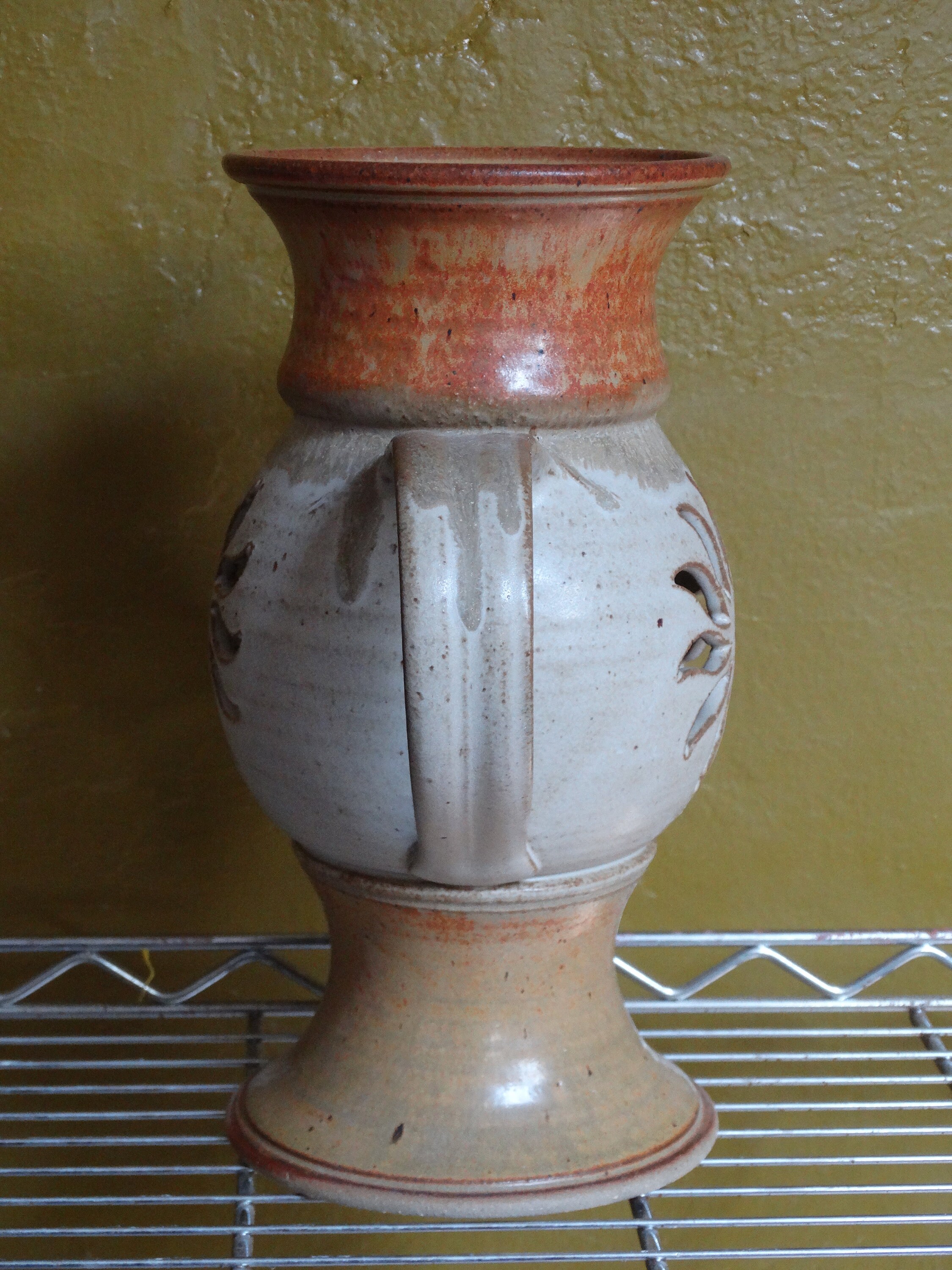 Vintage Kathy Veverka Ceramic Pottery Candle Lantern Pitcher Brown Cut ...