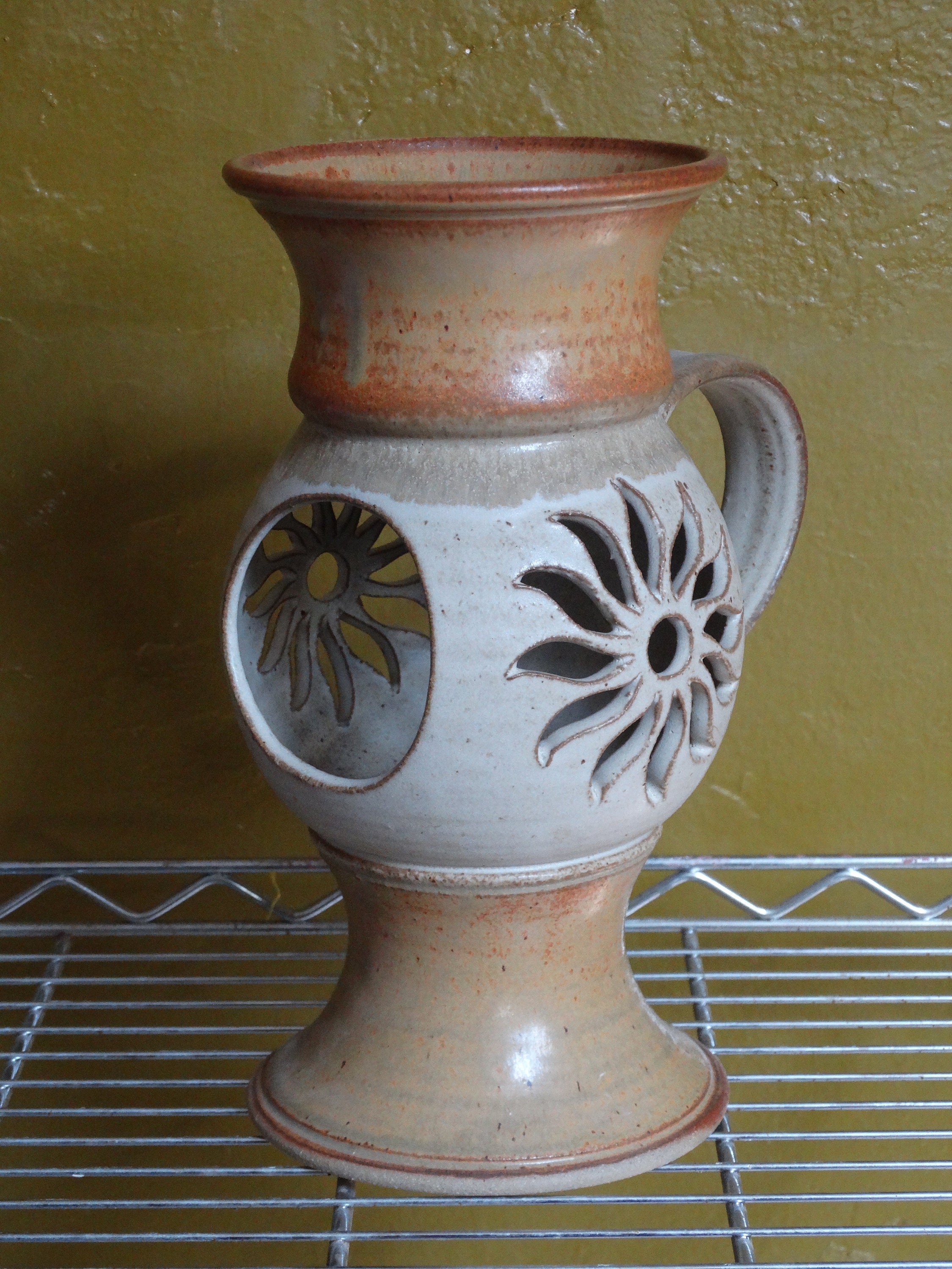 Vintage Kathy Veverka Ceramic Pottery Candle Lantern Pitcher Brown Cut ...