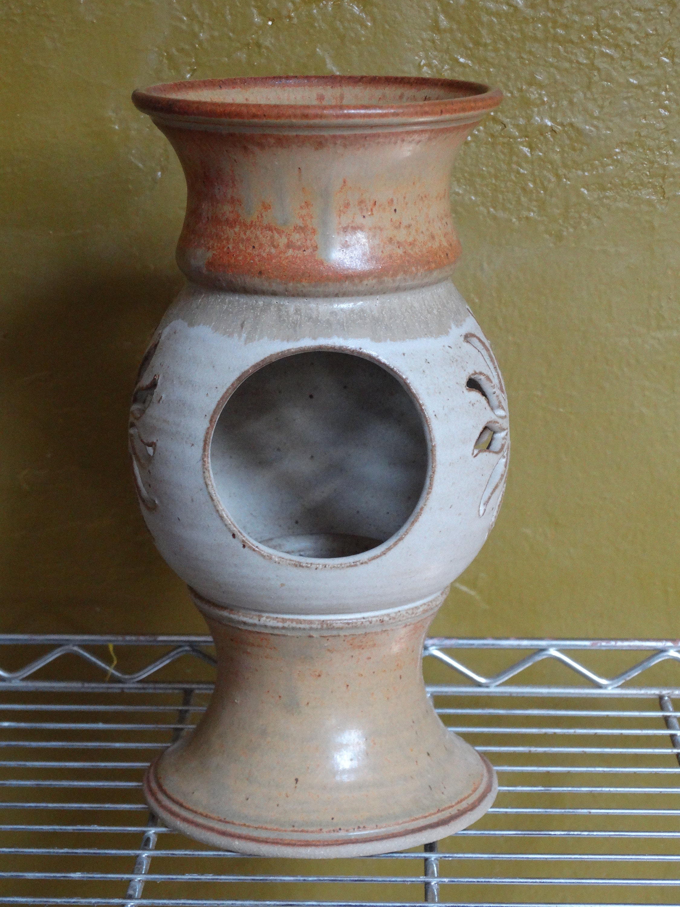 Vintage Kathy Veverka Ceramic Pottery Candle Lantern Pitcher Brown Cut ...