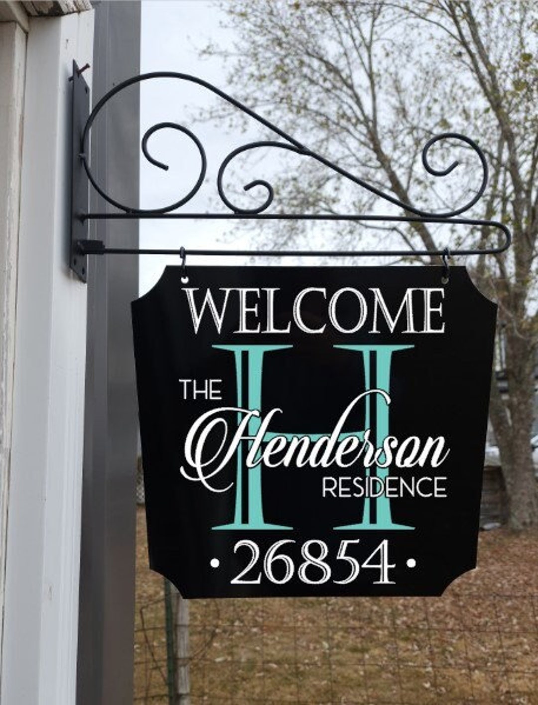 Custom Hanging Sign- Personalized Black Metal Sign With Scroll Bracket ...