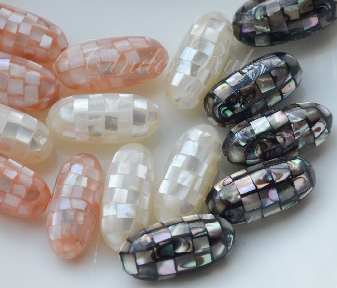 9x20 Mm Ellipsoid Mosaic Mother of Pearl Beads; Pink/white/black Shell ...