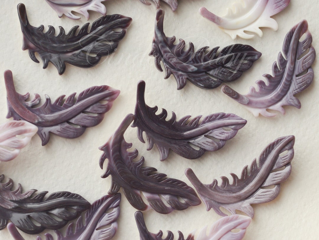 40x18 Mm Wampum Shell Feather,purple Shell Hand Carved Feather, 2 ...