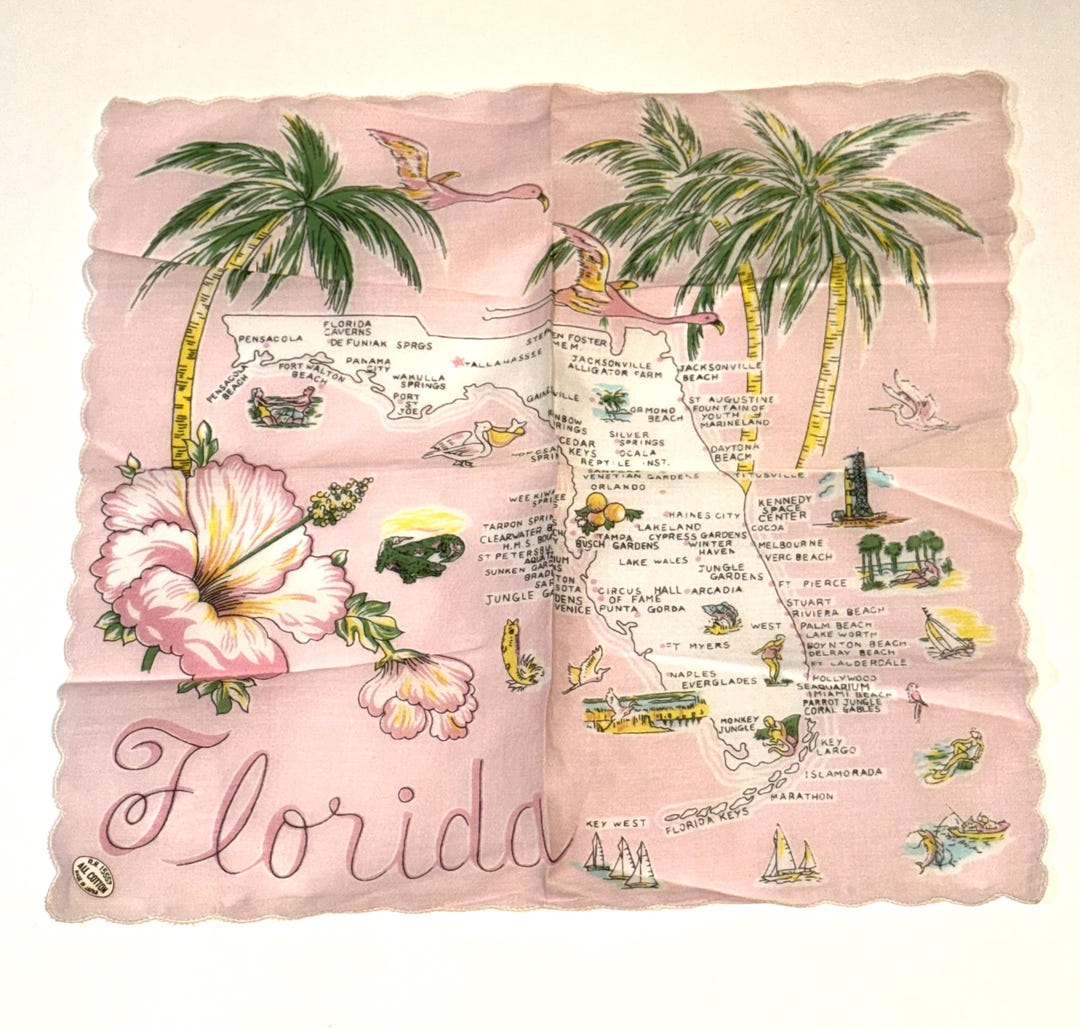 Vintage Pink Flamingo Florida Map State Souvenir Hankie Hanky 1950s ...