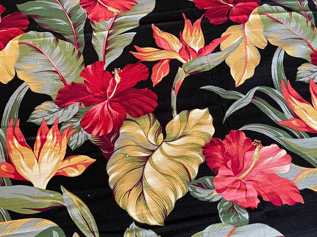 Trendtex Tropical Hawaiian Poplin Fabric Hibiscus 2 Yards Cotton Black ...