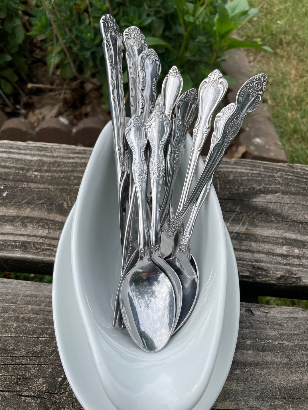 Vintage MCM Mixed Lot 10 Pcs Floral Stainless Steel Flatware Lustreware ...