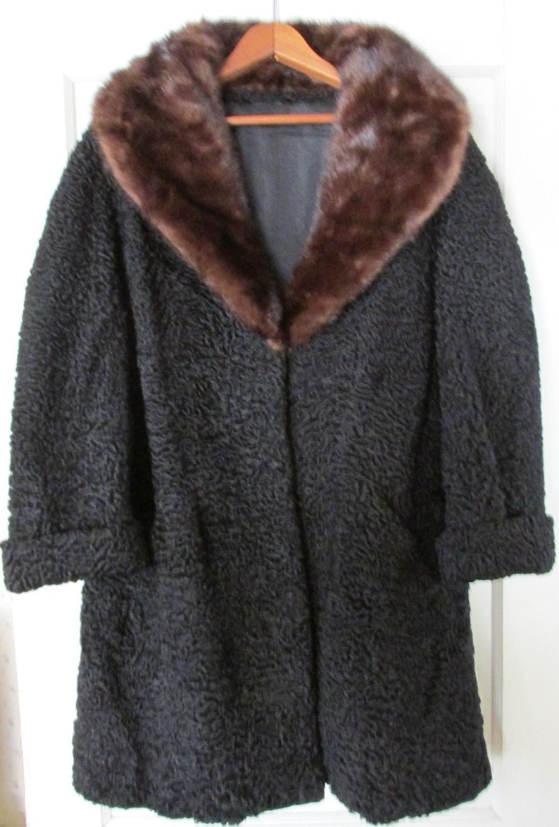 Vintage 1960s Black Curly Persian Lamb Coat With Brown Mink Fur Collar ...