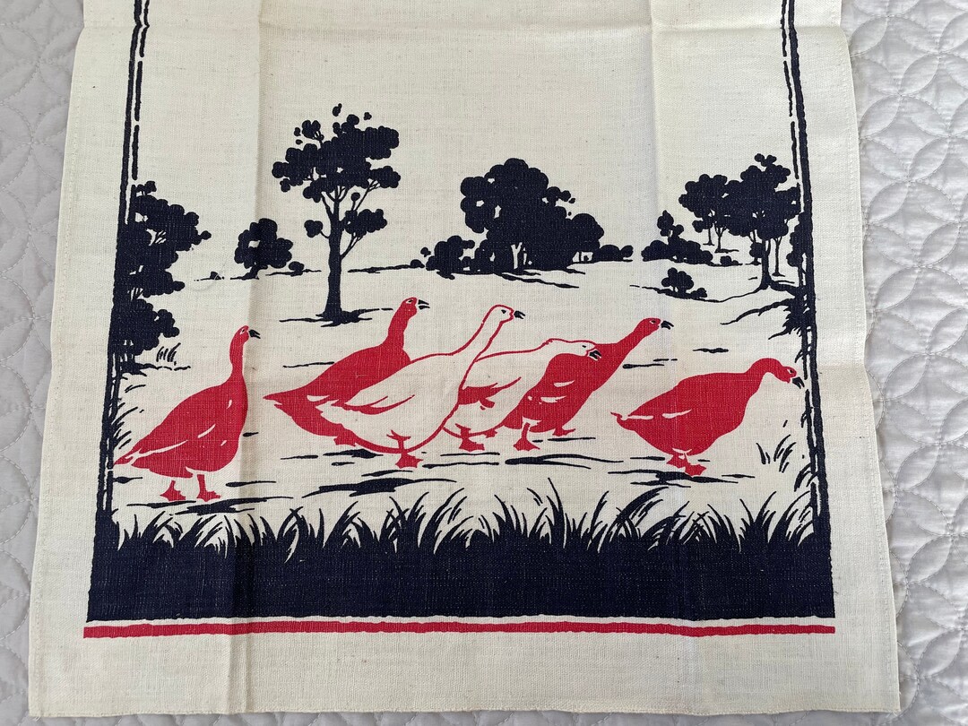 Vintage Mid Century GEESE Kitchen Tea Towel Linen Modern Red - Etsy
