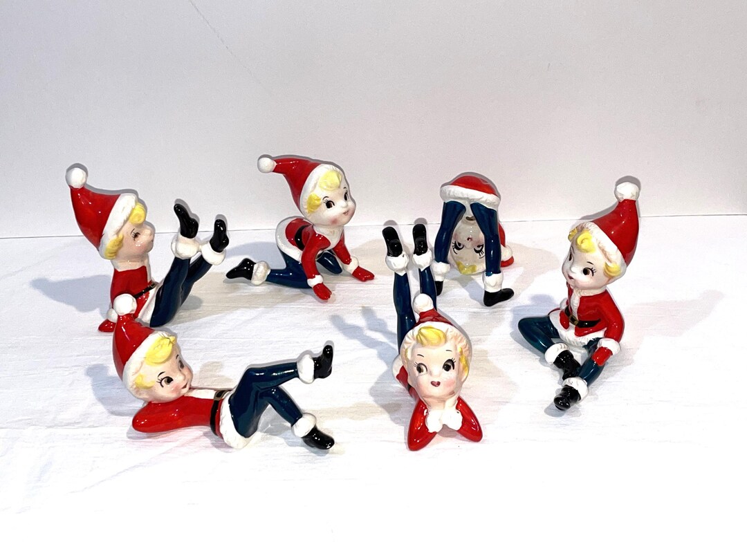Vintage Kitsch Christmas Set of 6 Tumbling Elf Pixie Figurines Blond ...