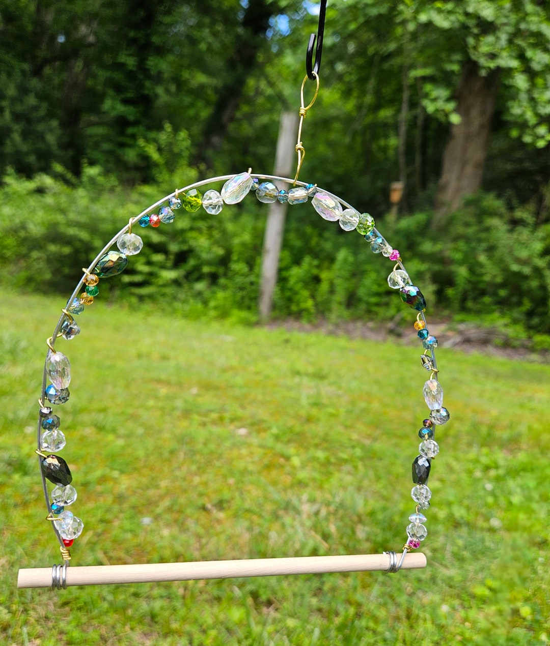 Rainbow Colored Glass Beaded Hummingbird Perch Swing, Bully Perch ...