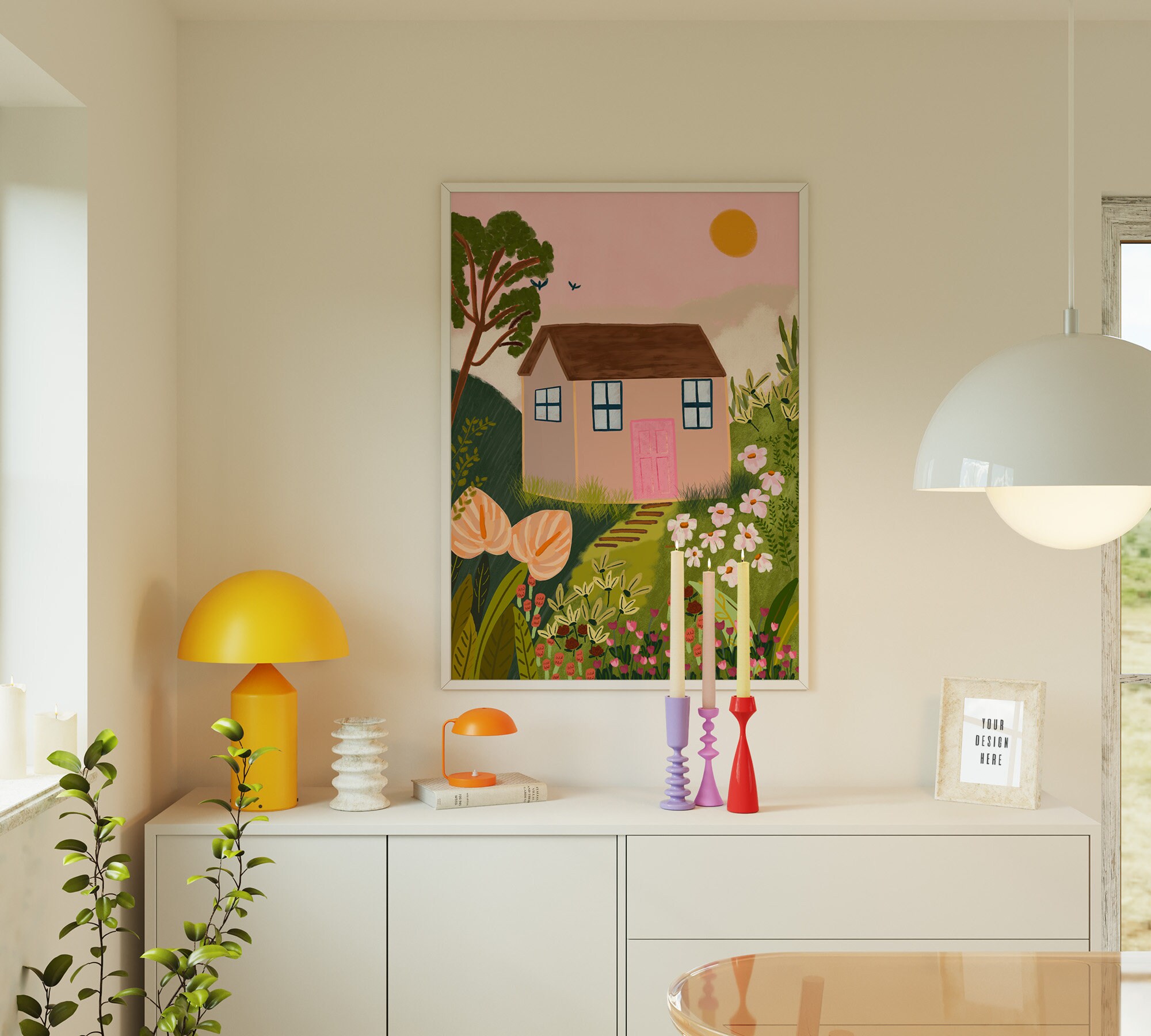 Pink Skies Lush Countryside Cottage - Abstract Landscape Art Paper ...
