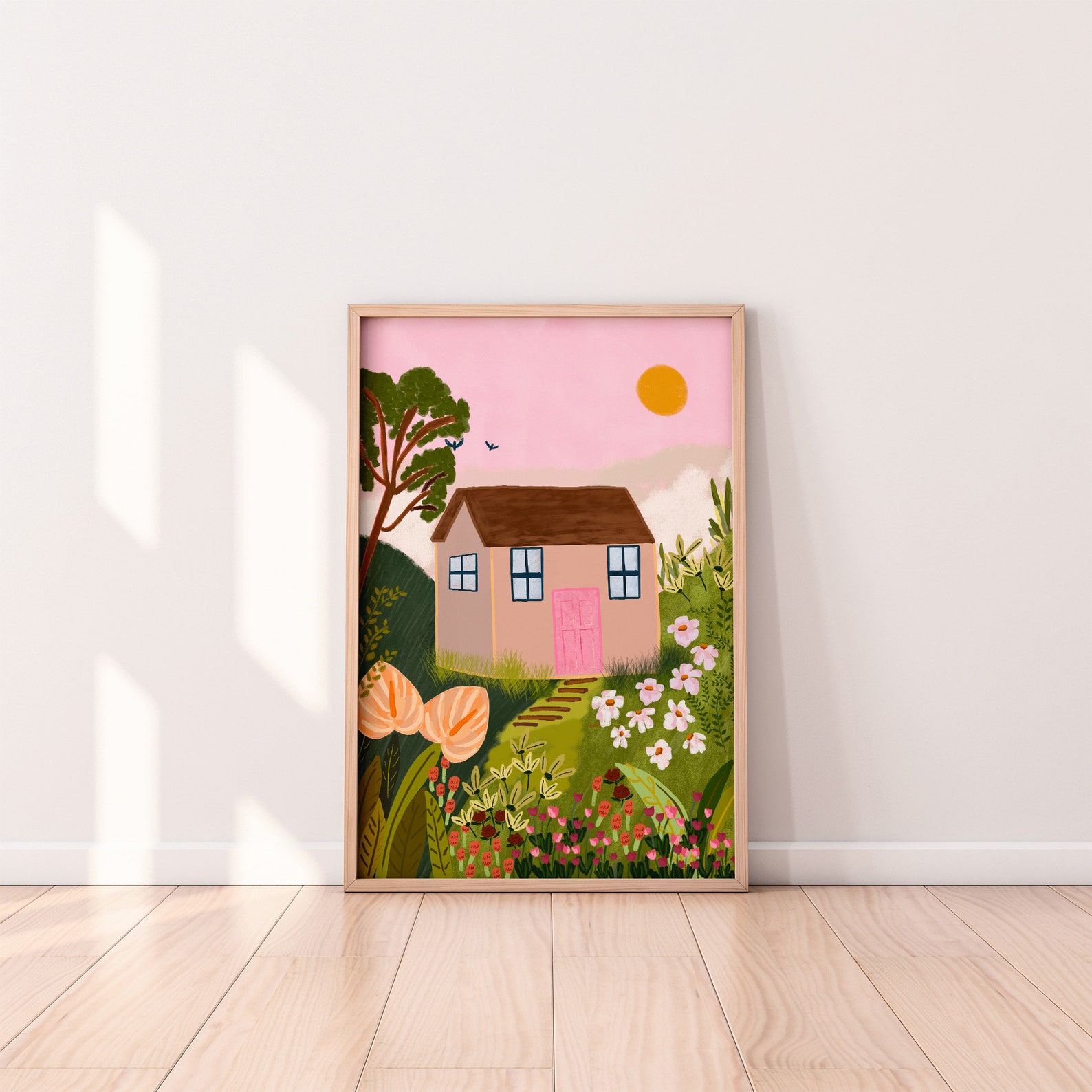 Pink Skies Lush Countryside Cottage - Abstract Landscape Art Paper ...