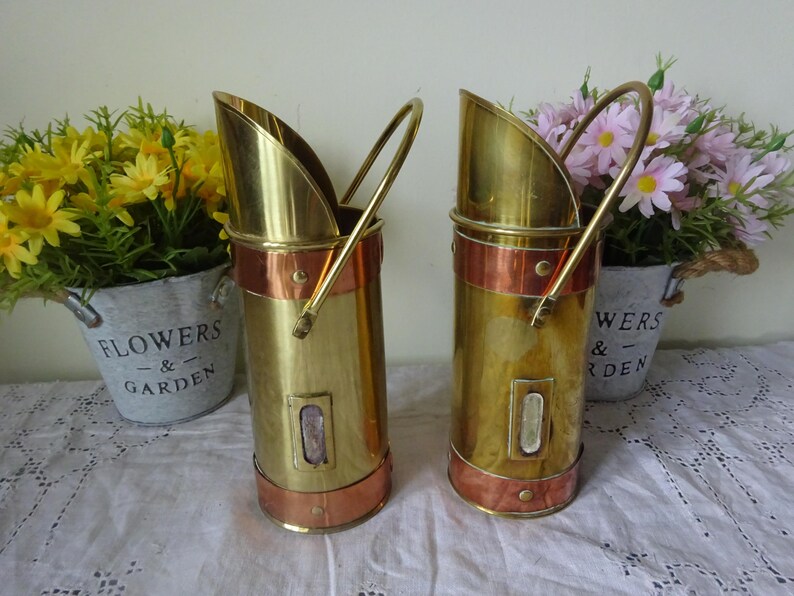 Pair of Miniature Brass Coal Scuttles With Copper Bands 20 X 7 X 7 Cm ...