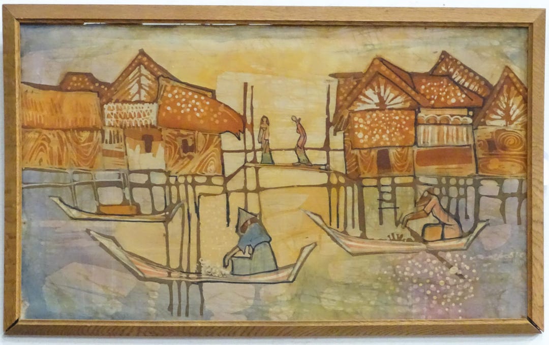 Vintage Asian Batik Depicting a River Landscape With Figures and Boat ...