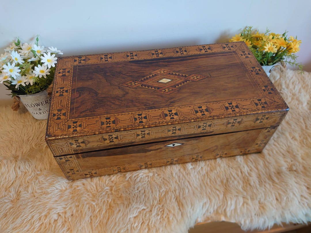 Victorian Walnut Writing Slope Stationary Box Tunbridge Banding Mother ...