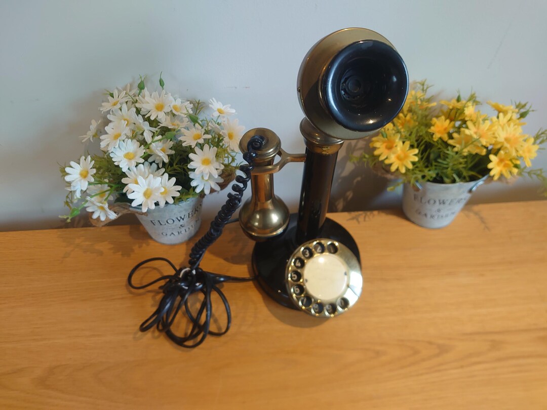 Black Stick Telephone Bakelite Rotary Telephone With Brass Hand Set in ...