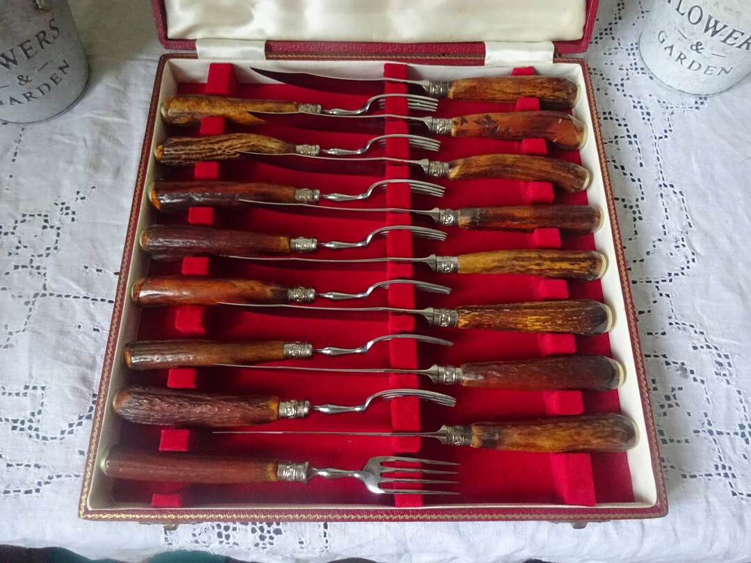 Vintage Harrods Stag Antler Cutlery Set Stainless Steel With Silver ...