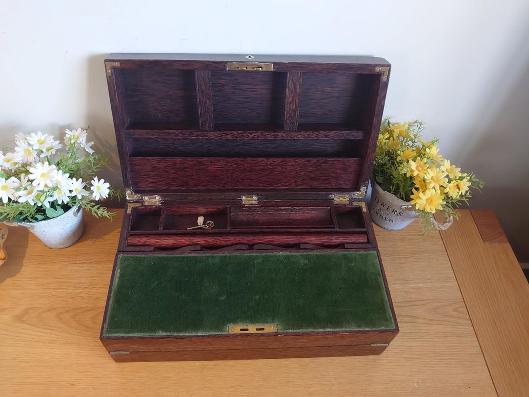 Victorian Oak Fold Over Writing Box / Writing Slope Green Velvet ...