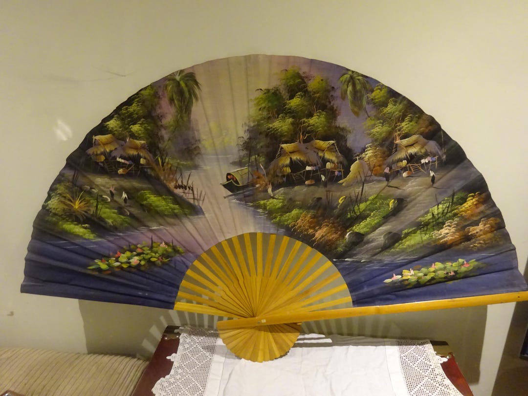 Large Vintage Japanese Wall Fan Hand Painted on Fabric With Rivers ...