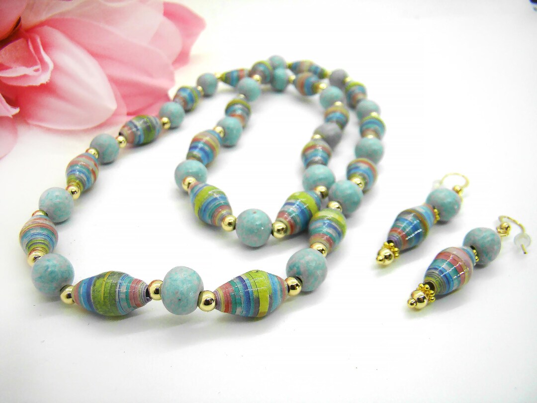 Handmade Light Blue Paper Bead Necklace: Clay Accents, Stretch Fit - Etsy