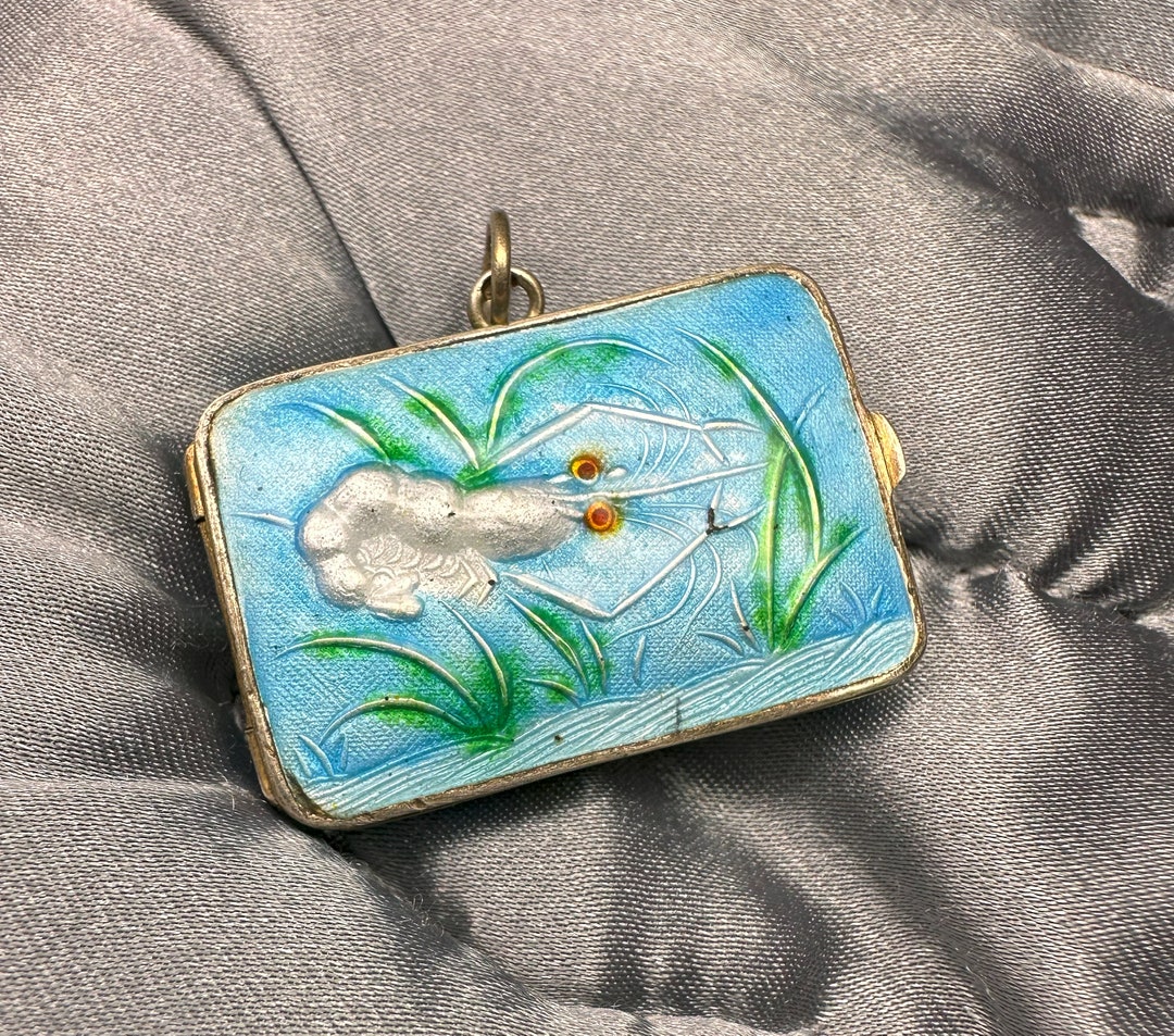Antique Enamel Locket, Sterling Silver Crayfish Pendant in Japanese ...
