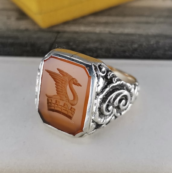 Antique German Swan on Wall Crown Signet Ring, Vintag… - Gem