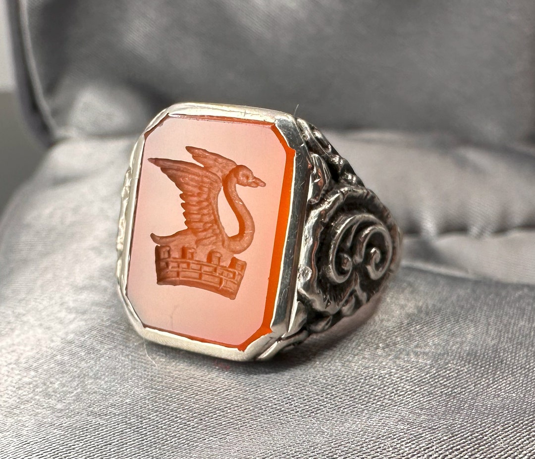 Antique German Swan on Wall Crown Signet Ring, Vintage Royal Silver ...