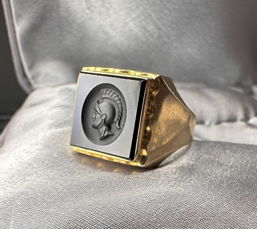 Vintage German 8k Gold Onyx Signet Ring, Intaglio, Roman Warrior ...